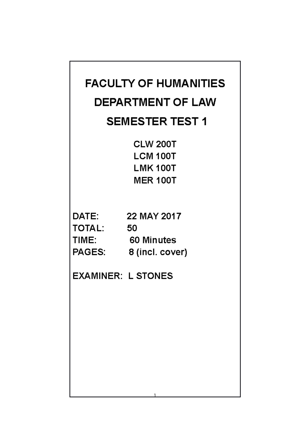 Commercial LAW TEST 1 - 22 MAY 2015 - FACULTY OF HUMANITIES DEPARTMENT ...