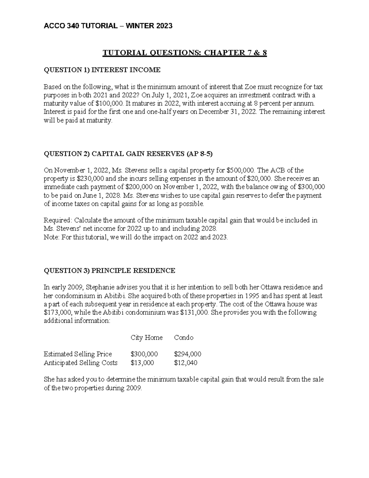 ACCO 340 Tutorial Questions- Chapter 7 8 - ACCO 340 TUTORIAL – WINTER 2023 TUTORIAL QUESTIONS ...