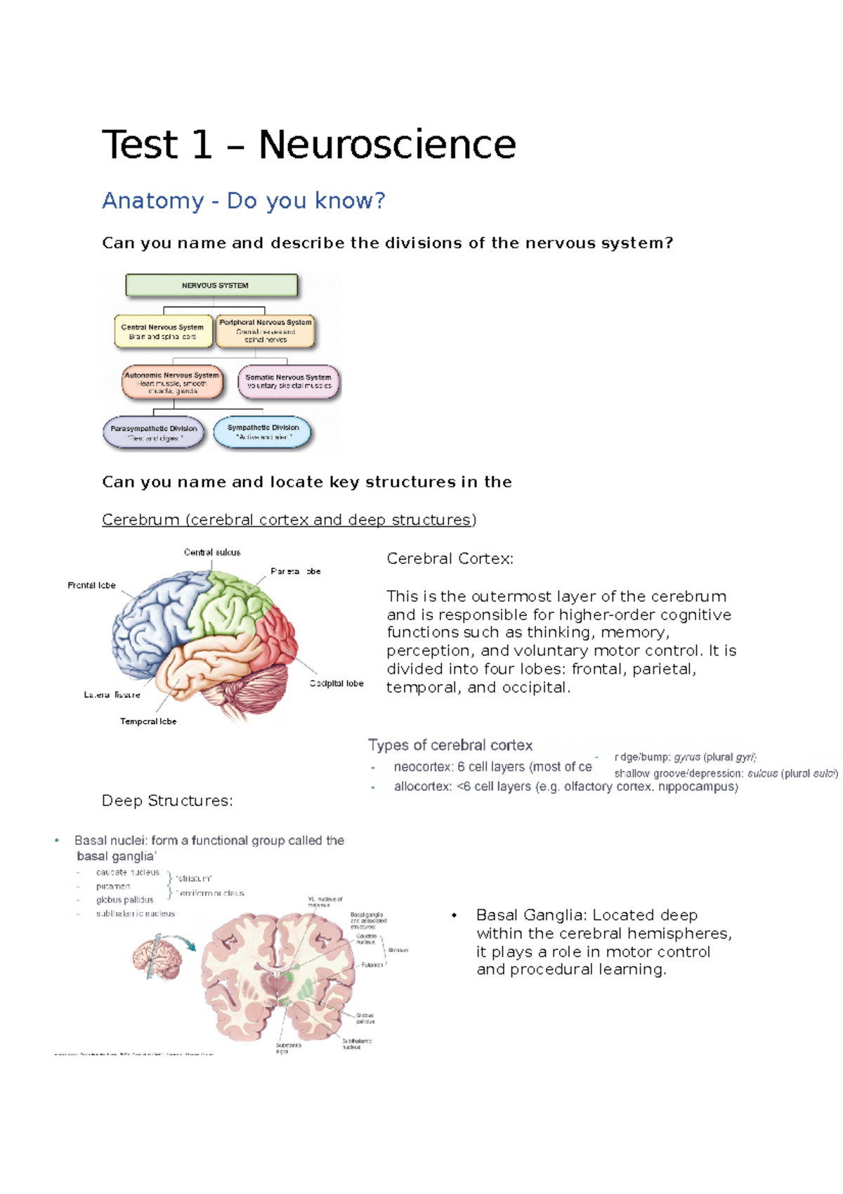 Test 1 - test 1 do you know slides - Test 1 – Neuroscience Anatomy - Do ...