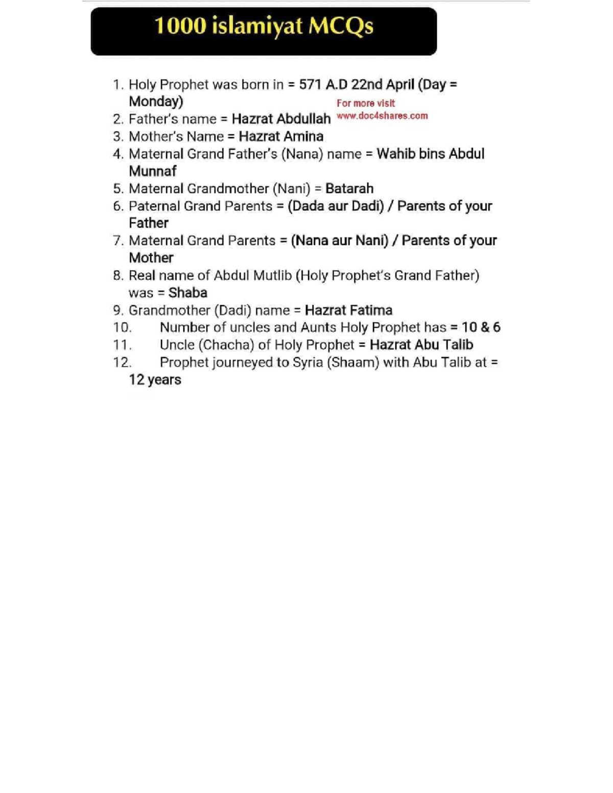 1000Islamic Mcqs - 1000+ islamic Questions MCQS - GEH1045 - Studocu