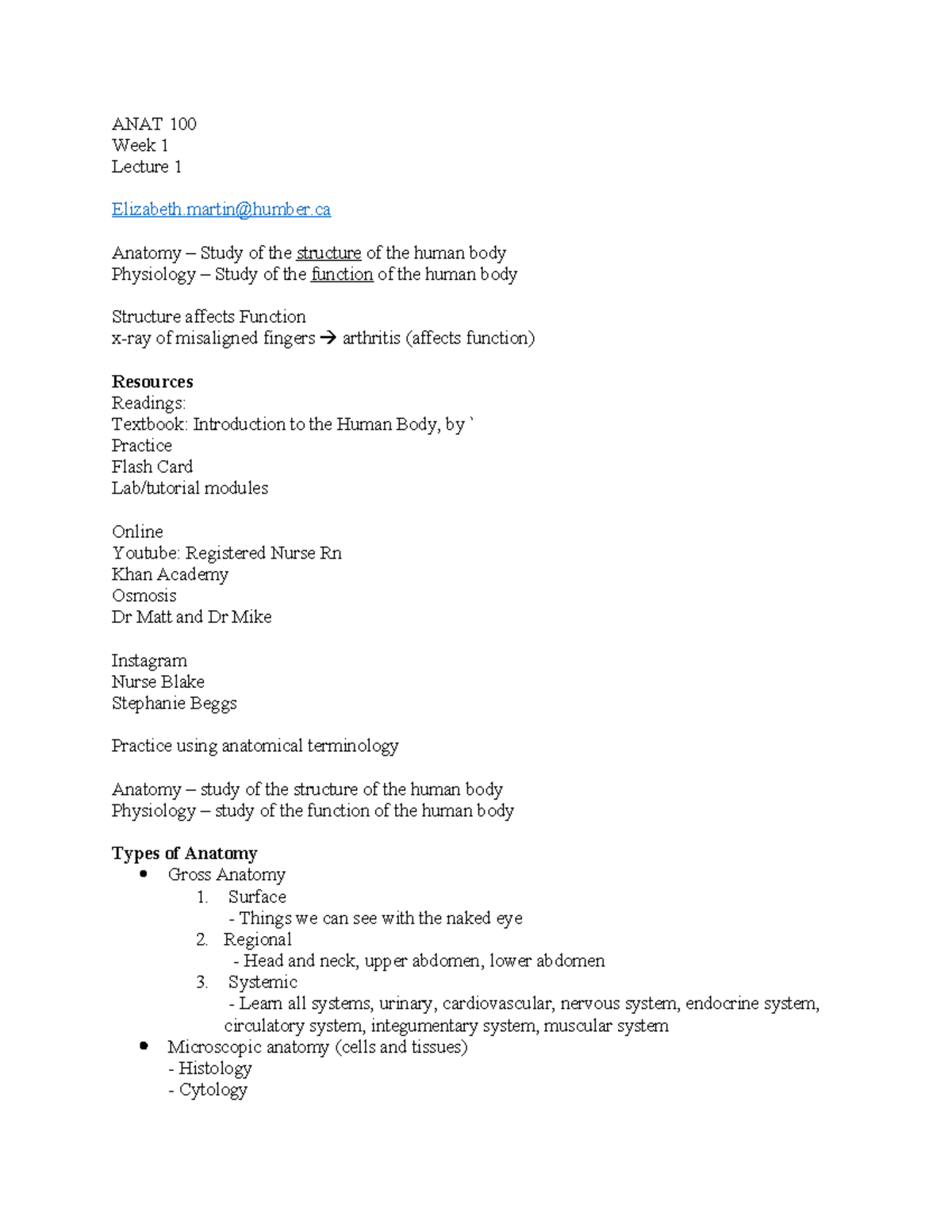 ANAT 100 Week 1 - Week 1 notes - ANAT 100 Week 1 Lecture 1 Elizabeth ...