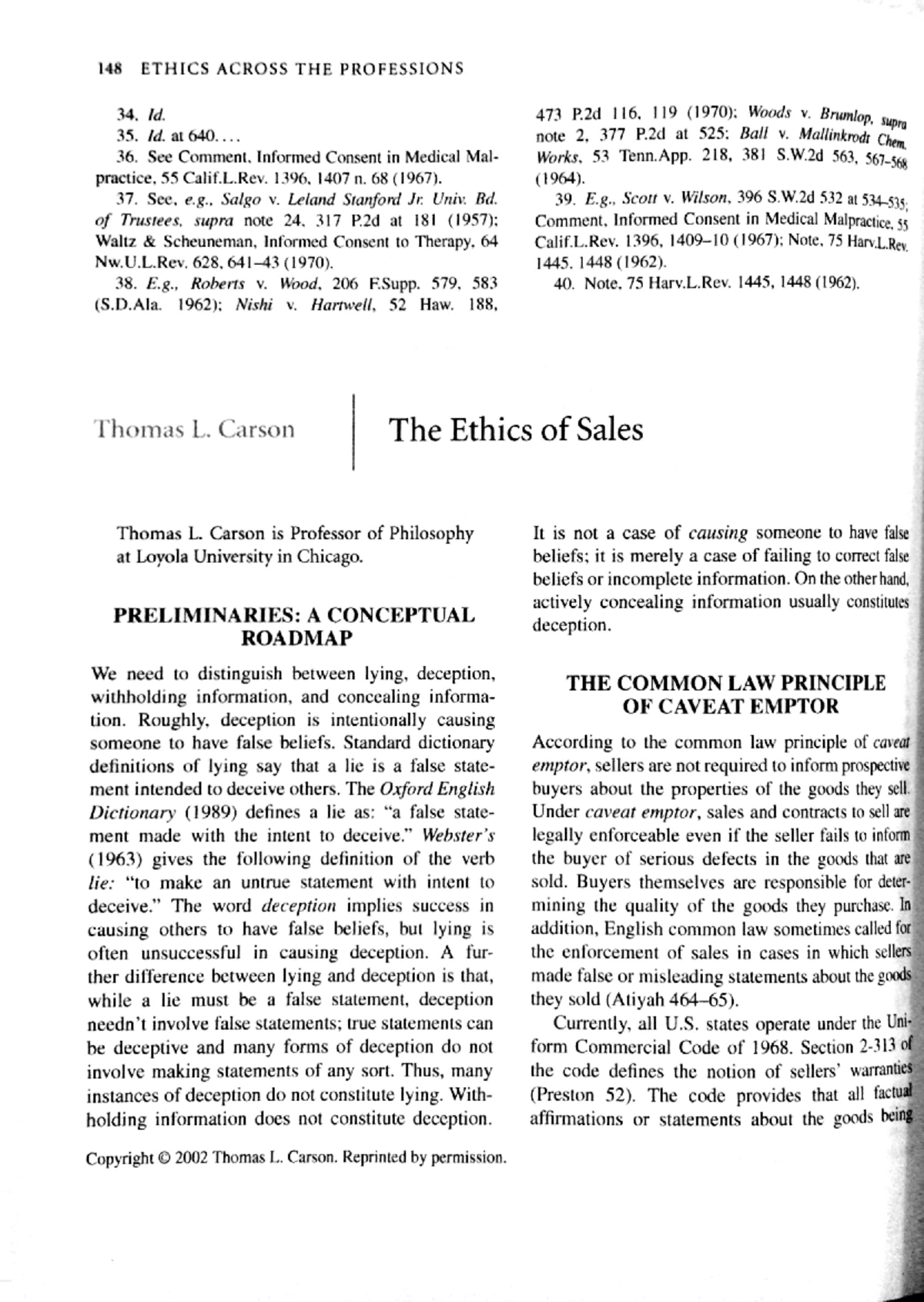 Thomascarson-theethicsofsales - 148 ETHICS ACROSS THE PROFESSIONS 34 ...