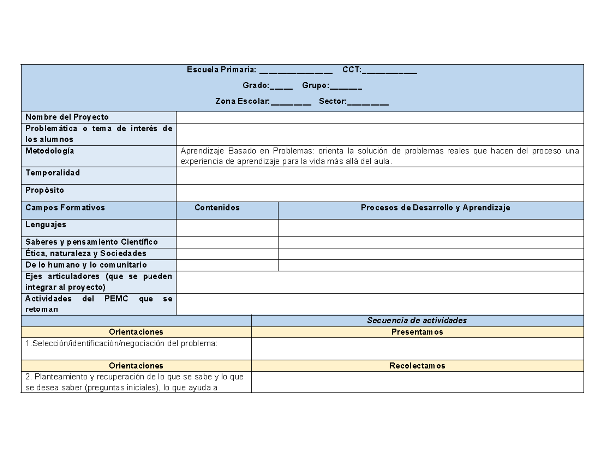 Formato editable planeacion Aprendizaje Basado en Problemas - Escuela Primaria ...