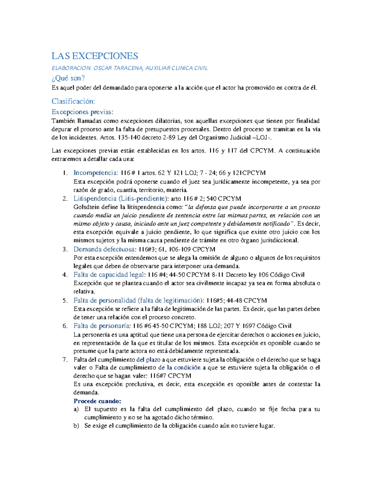 Las Excepciones - LAS EXCEPCIONES ELABORACION: OSCAR TARACENA, AUXILIAR ...