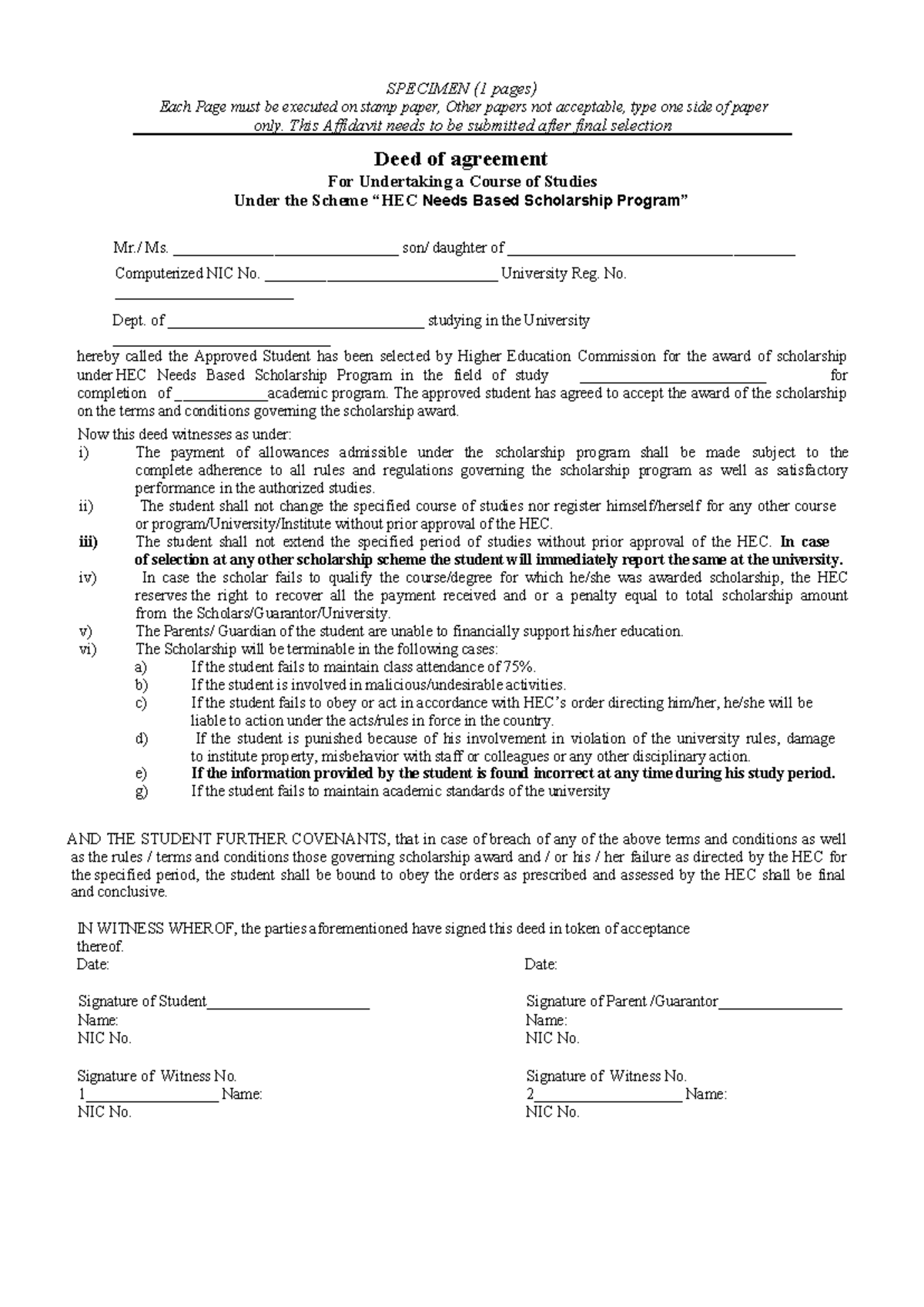 2Deed of Agreement - SPECIMEN ( 1 pages) Each Page must be executed on ...