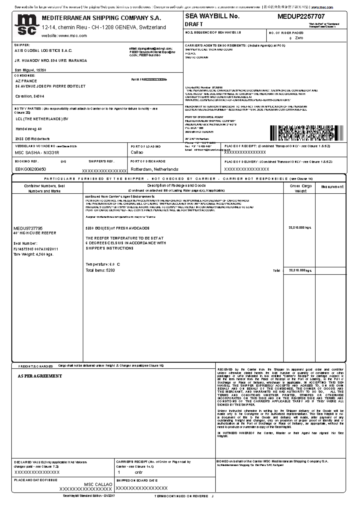 Medup 2257707 Draft BL - BILL OF LADIND - 0 Zero PORT OF DISCHARGE ...