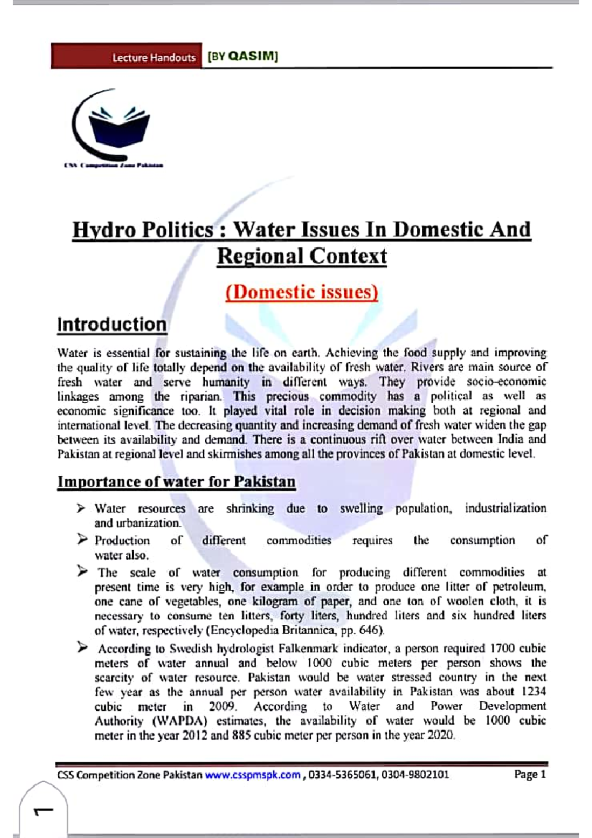 Hydro politics - Lecture notes 1 - Humanities Elective I - Studocu