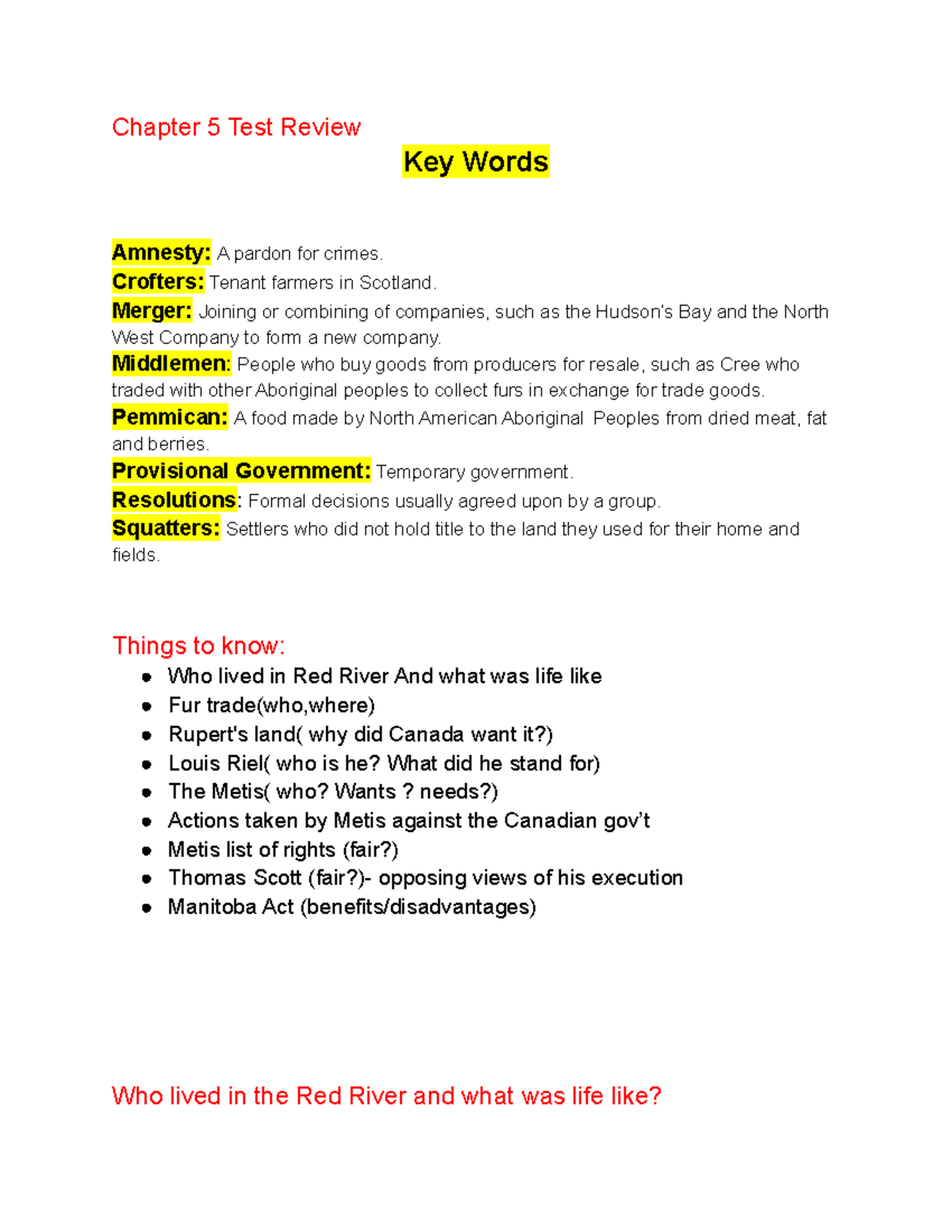 Chapter 5 Test Review - good history notes - Chapter 5 Test Review Key ...
