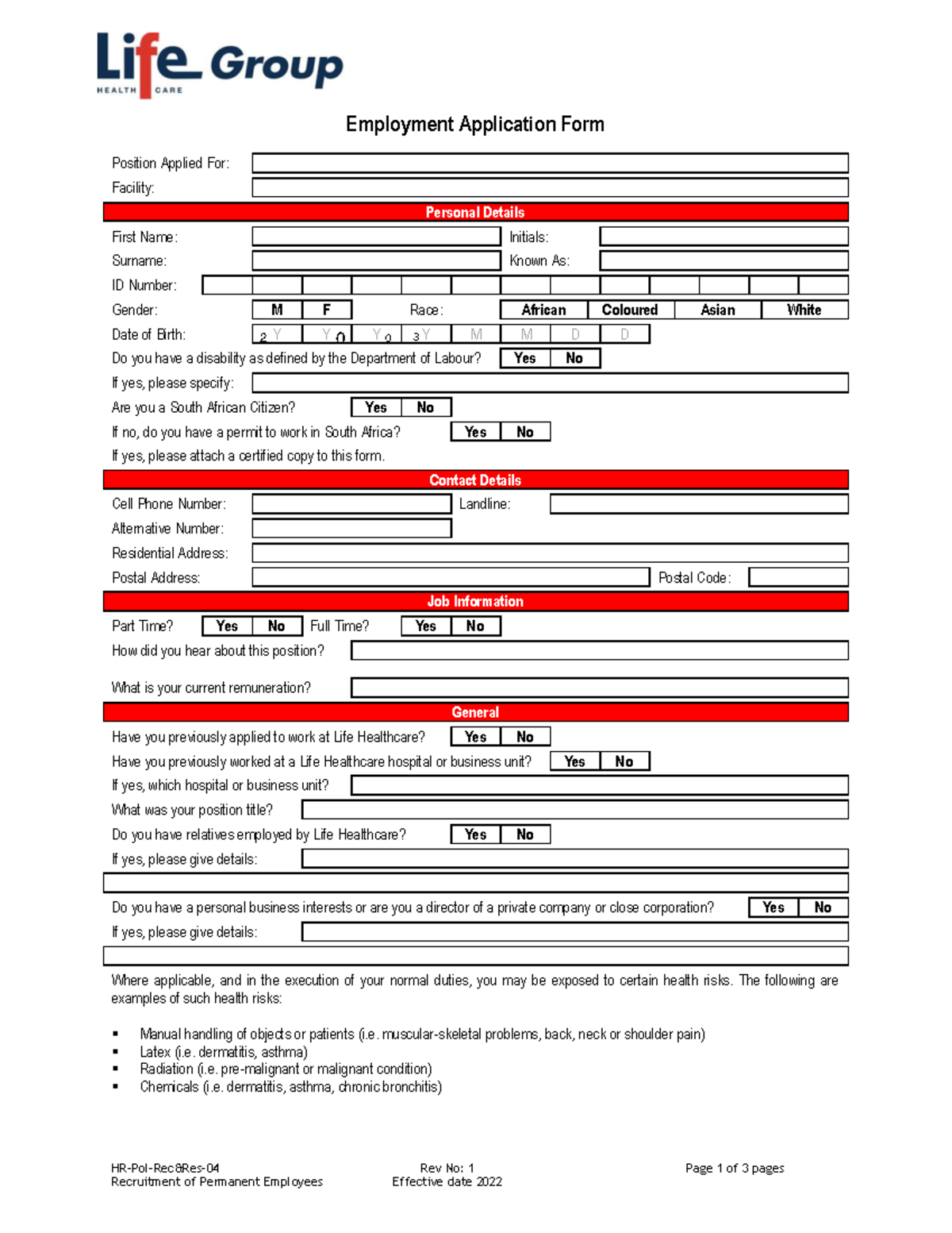 Employment application form 2022 - HR-Pol-Rec&Res- Recruitment of ...