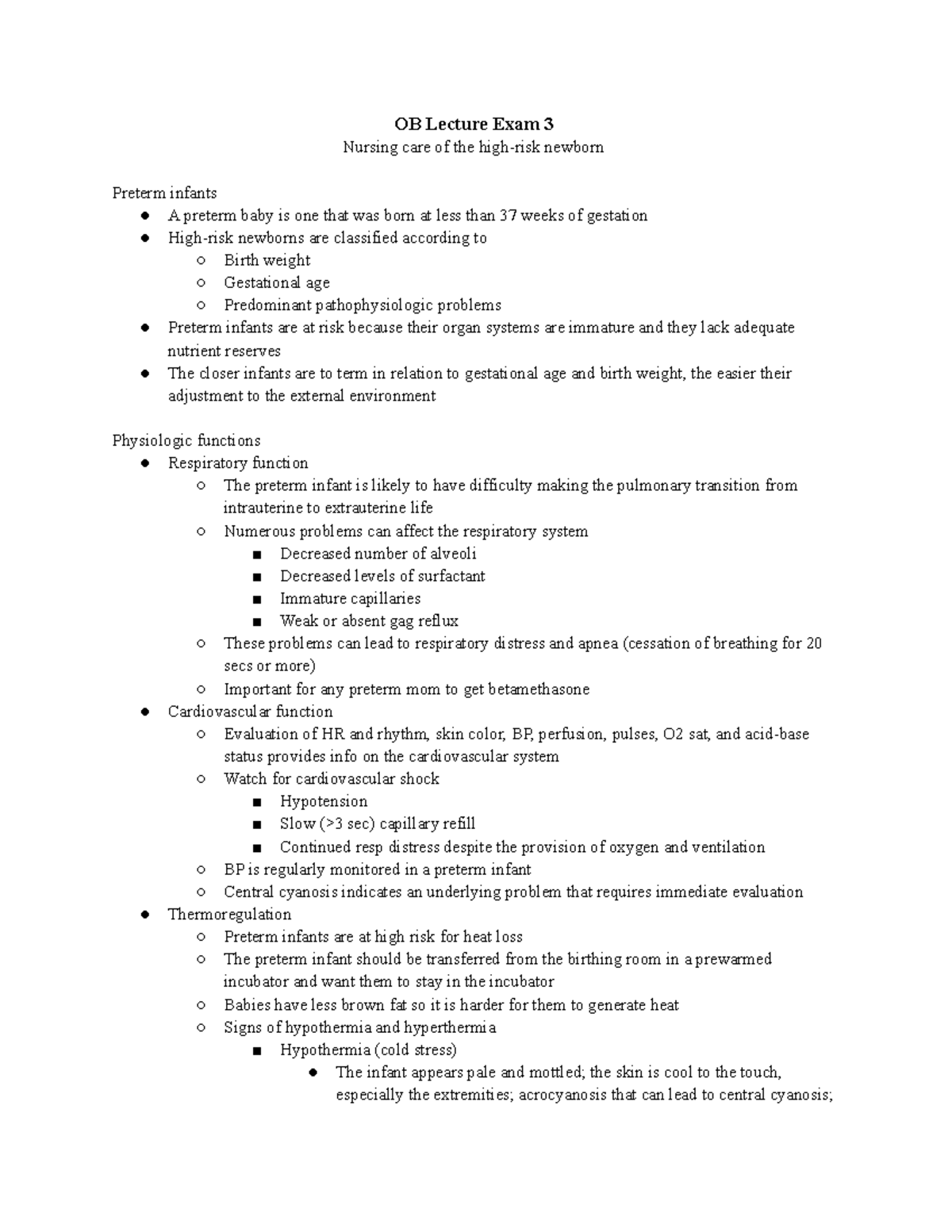 OB Lecture Exam 3- nursing care of the high-risk newborn - OB Lecture ...