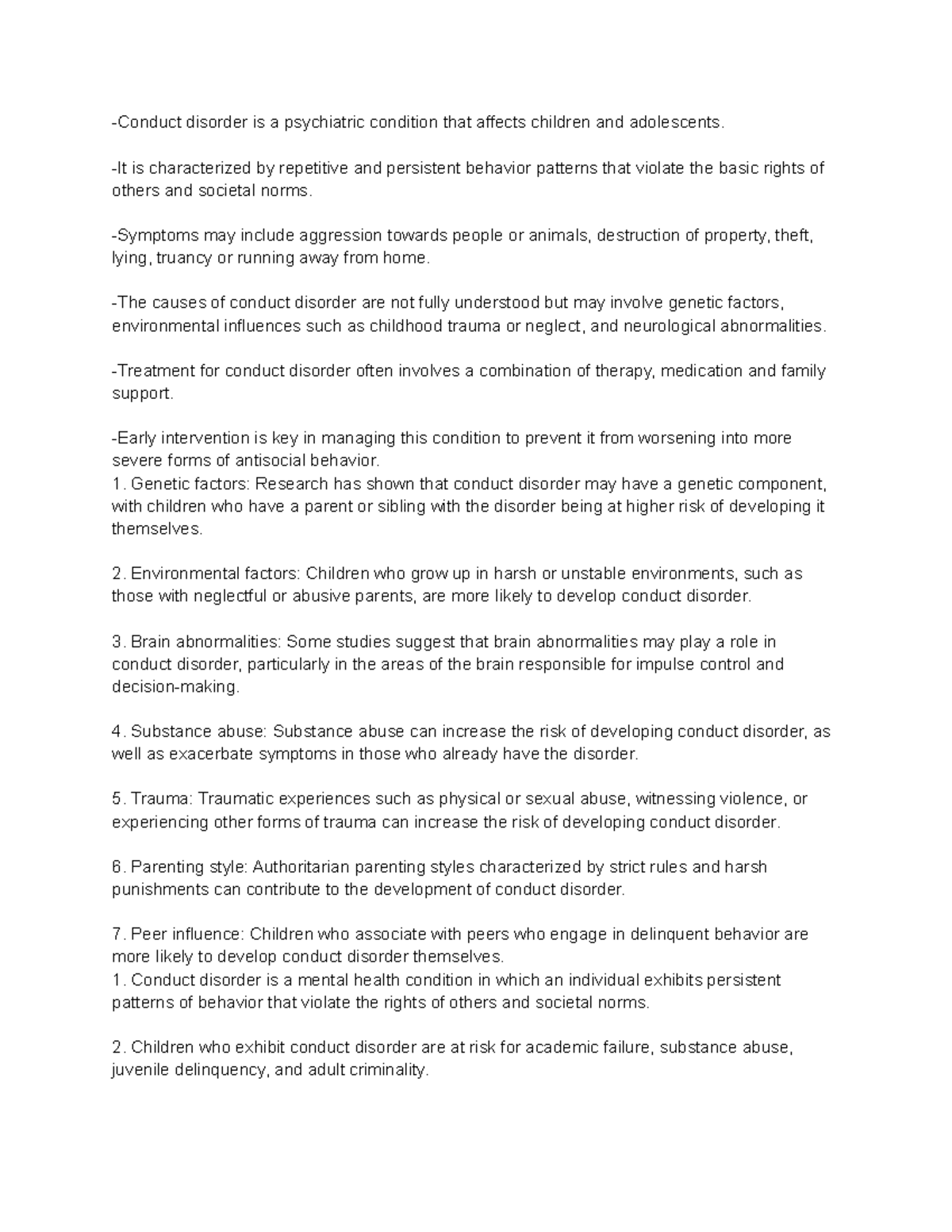 Notes for class multiple chapters (14) -Conduct disorder is a ...