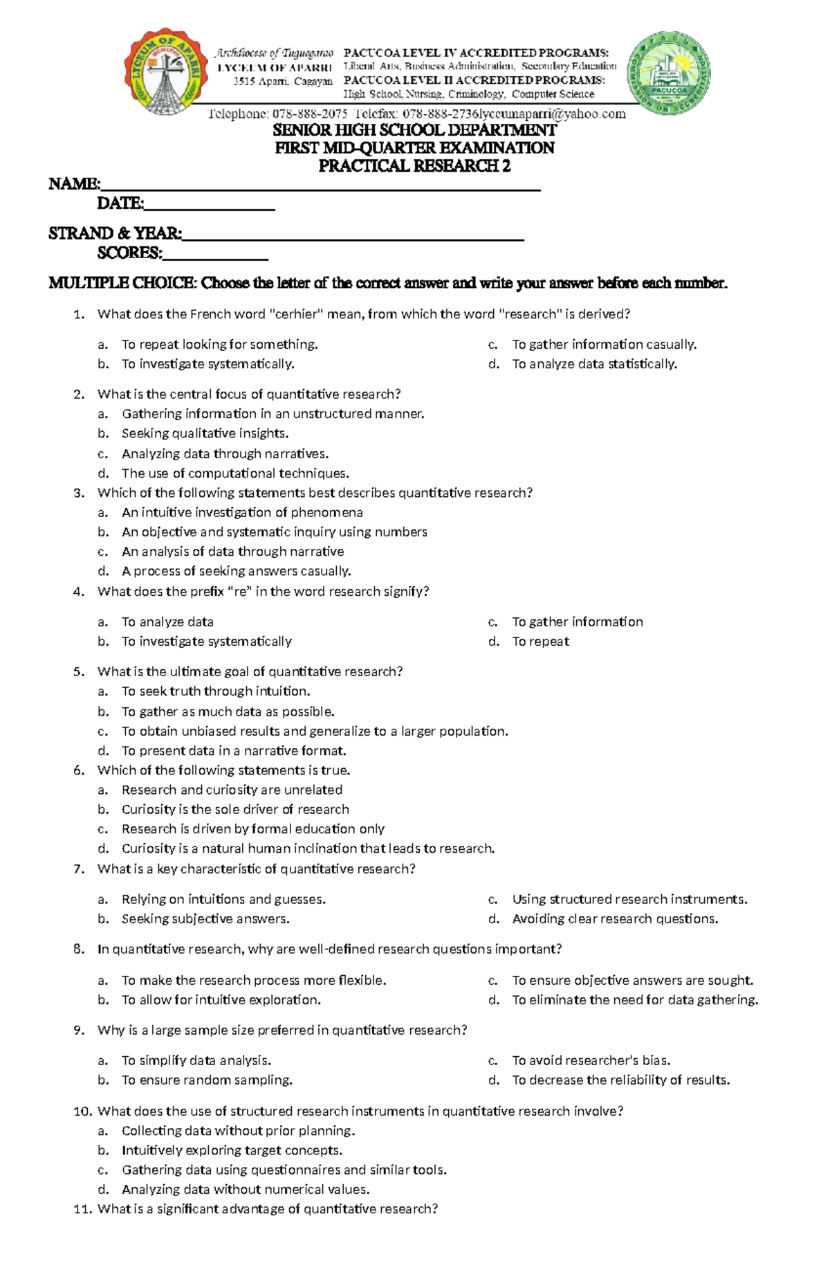 Pr2 - practical research exam - SENIOR HIGH SCHOOL DEPARTMENT FIRST MID ...