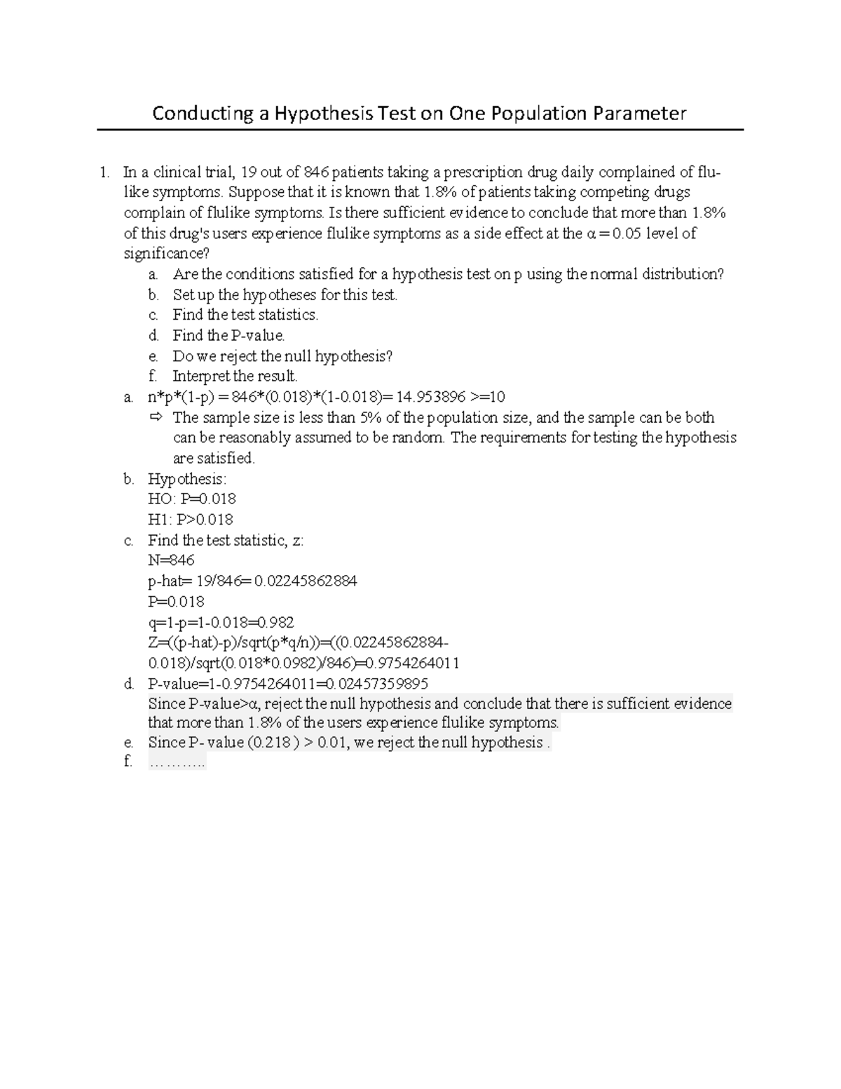 Math homework - Conducting a Hypothesis Test on One Population ...