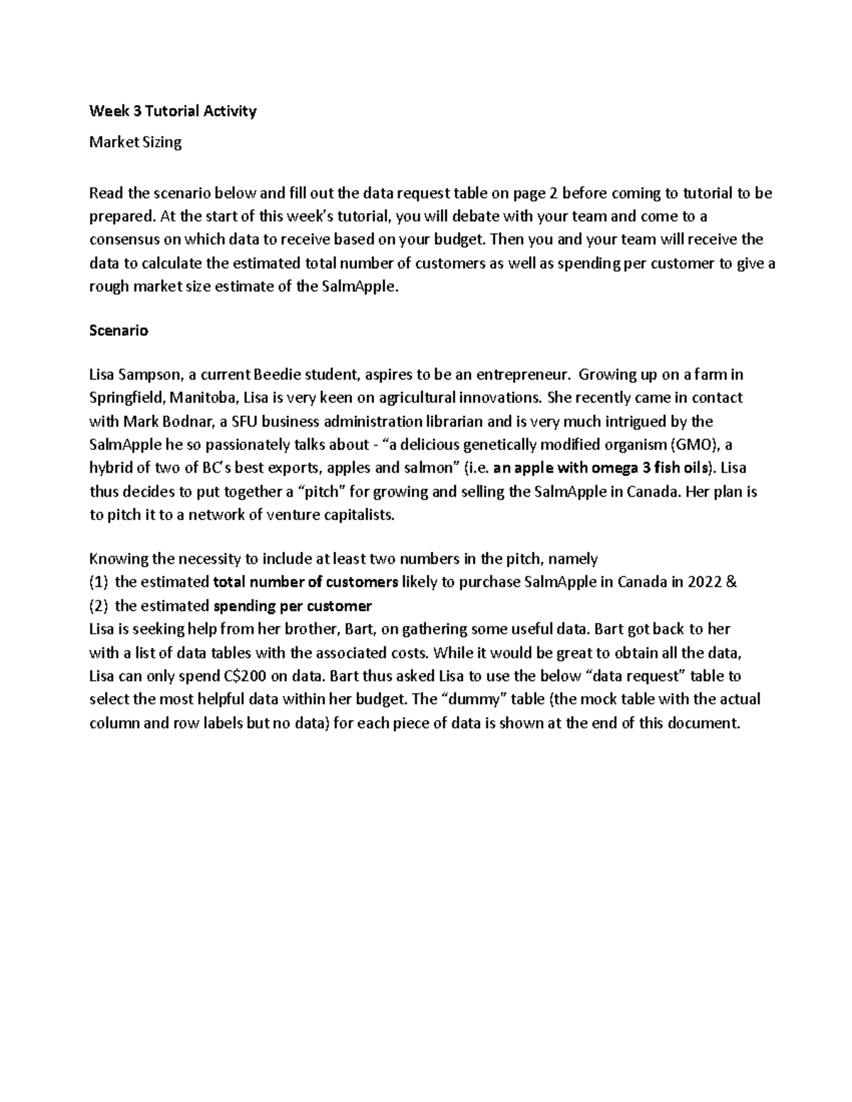 Tutorial Activity - Week 3 Tutorial Activity Market Sizing Read the scenario below and fill out ...