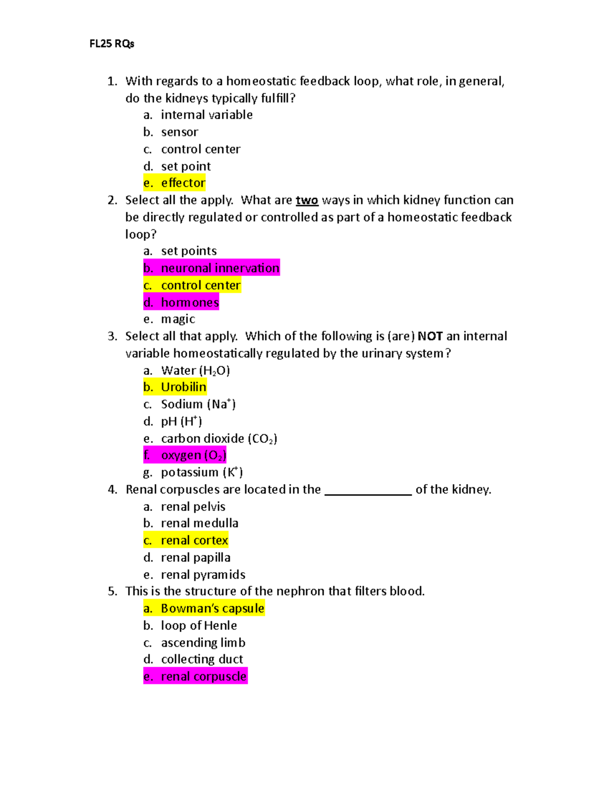 FL25 RQs - Review questions - FL25 RQs With regards to a homeostatic ...