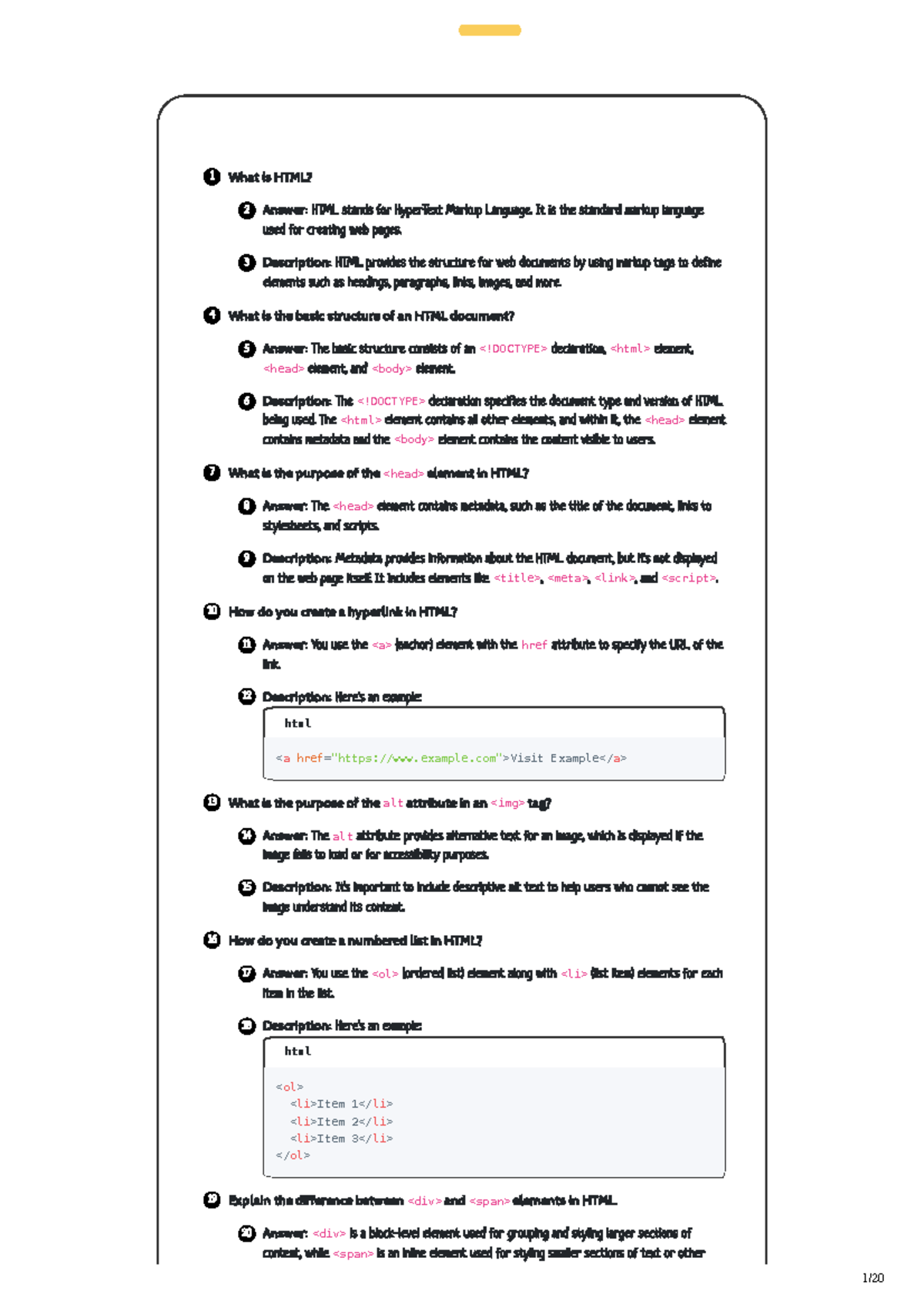 HTML interview questions and answers - Sure, here are 50 HTML questions with answers, along with ...