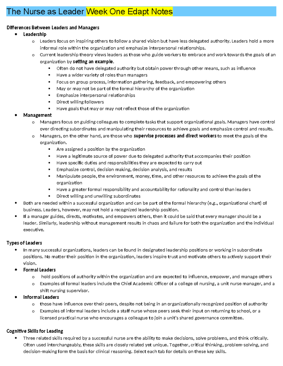 The Nurse as Leader Week One Edapt Notes - The Nurse as Leader Week One ...