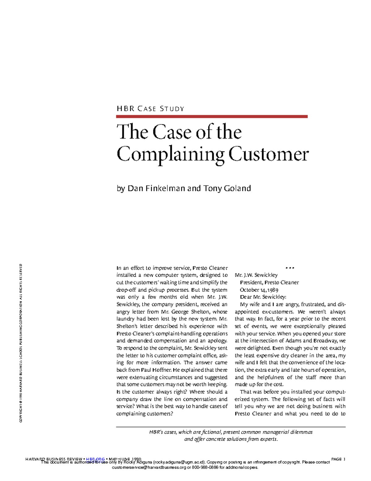 Case 2 - The case of the complaining customer - Operation Management ...