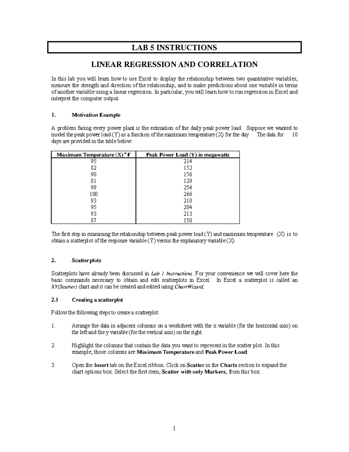 Linear Regression With Excel - LAB 5 INSTRUCTIONS LINEAR REGRESSION AND ...