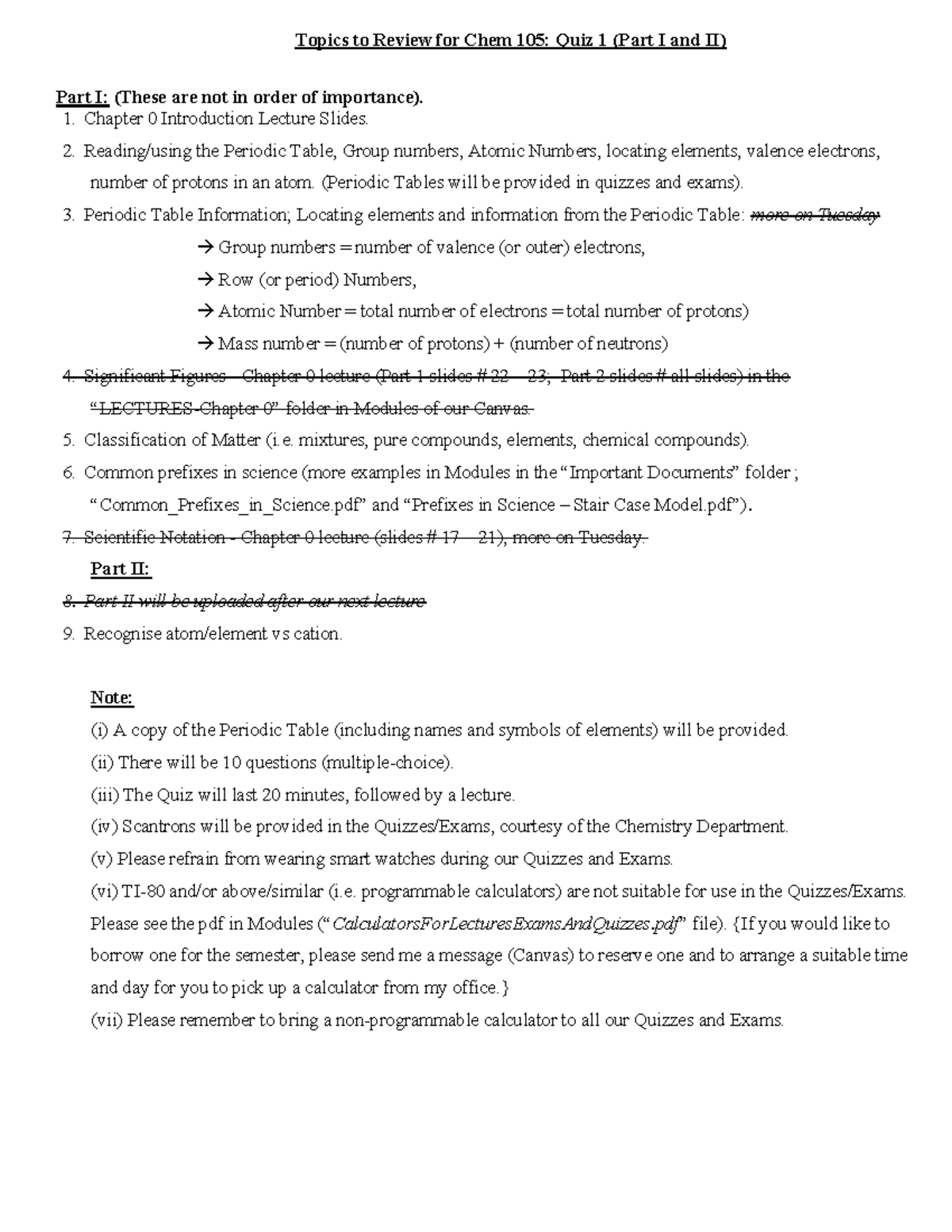 Topics To Review For Chemistry Quiz 1 Complete Parts 1 And 2 Topics