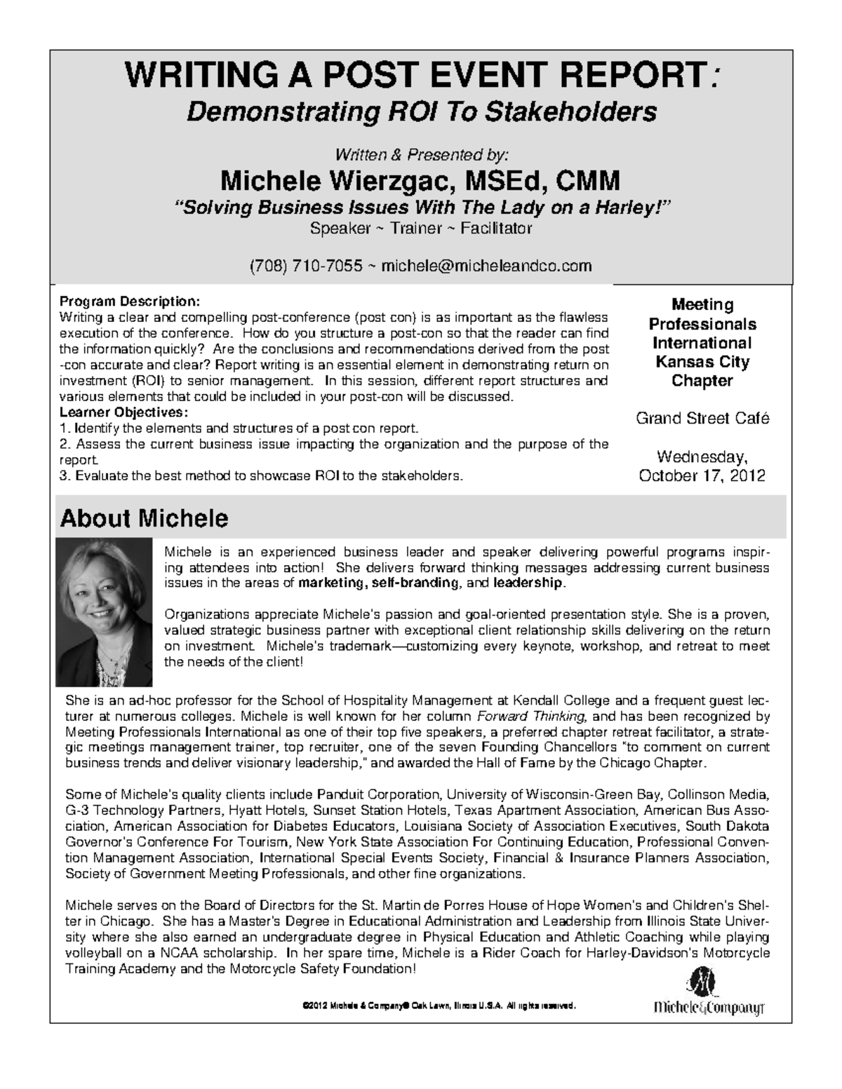Post Event Report Writing - ©2012 Michele & Company® Oak Lawn, Illinois ...
