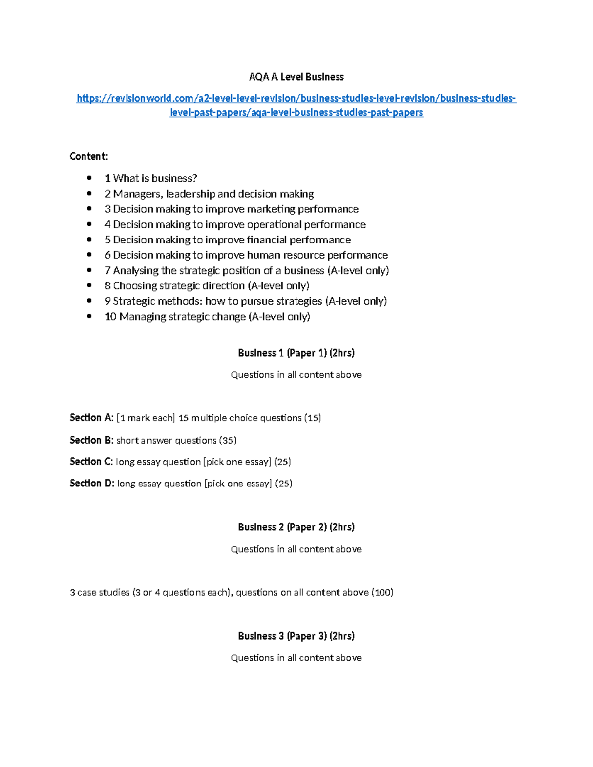 AQA A Level Business Studies exam layout (simplified) - AQA A Level ...