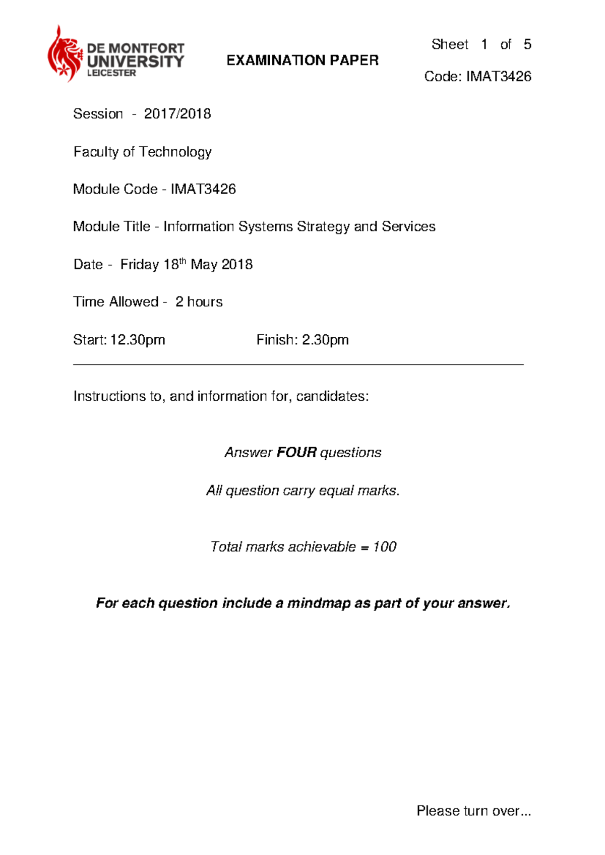 IMAT3426 2018 Exam - EXAMINATION PAPER Code: IMAT Session - 2017 ...