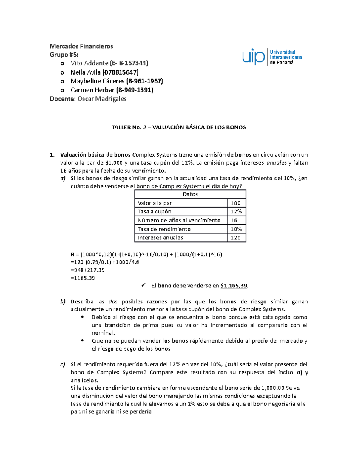 Mercados Financieros - Taller No.2 Valoracion de Bonos - Grupo 5 - Mercados Financieros Grupo #5 ...