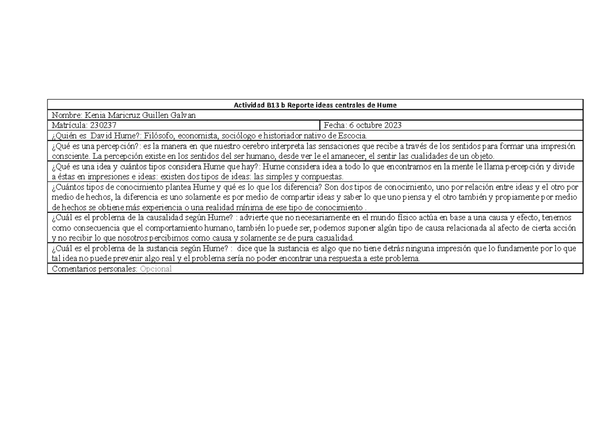 Actividad B9b Reportes Ideas Centrales De Hume Actividad B13 B
