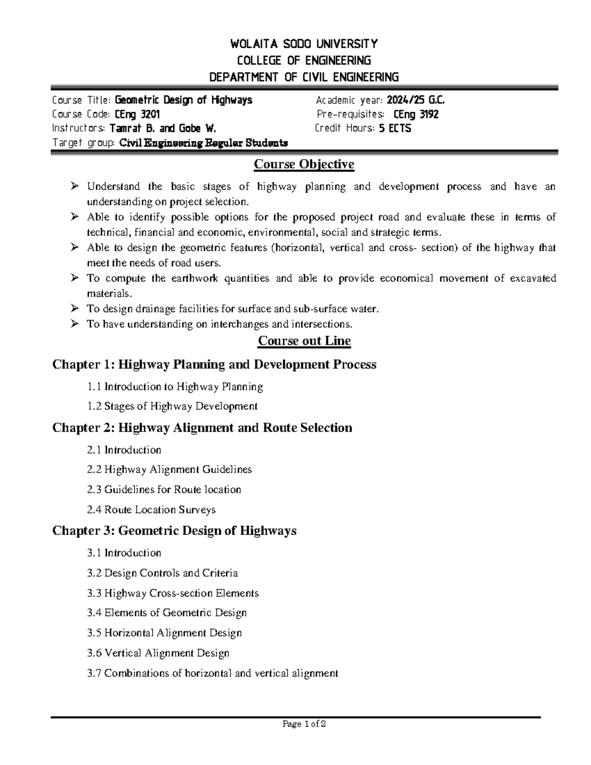 Course Outline - Best - WOLAITA SODO UNIVERSITY COLLEGE OF ENGINEERING ...