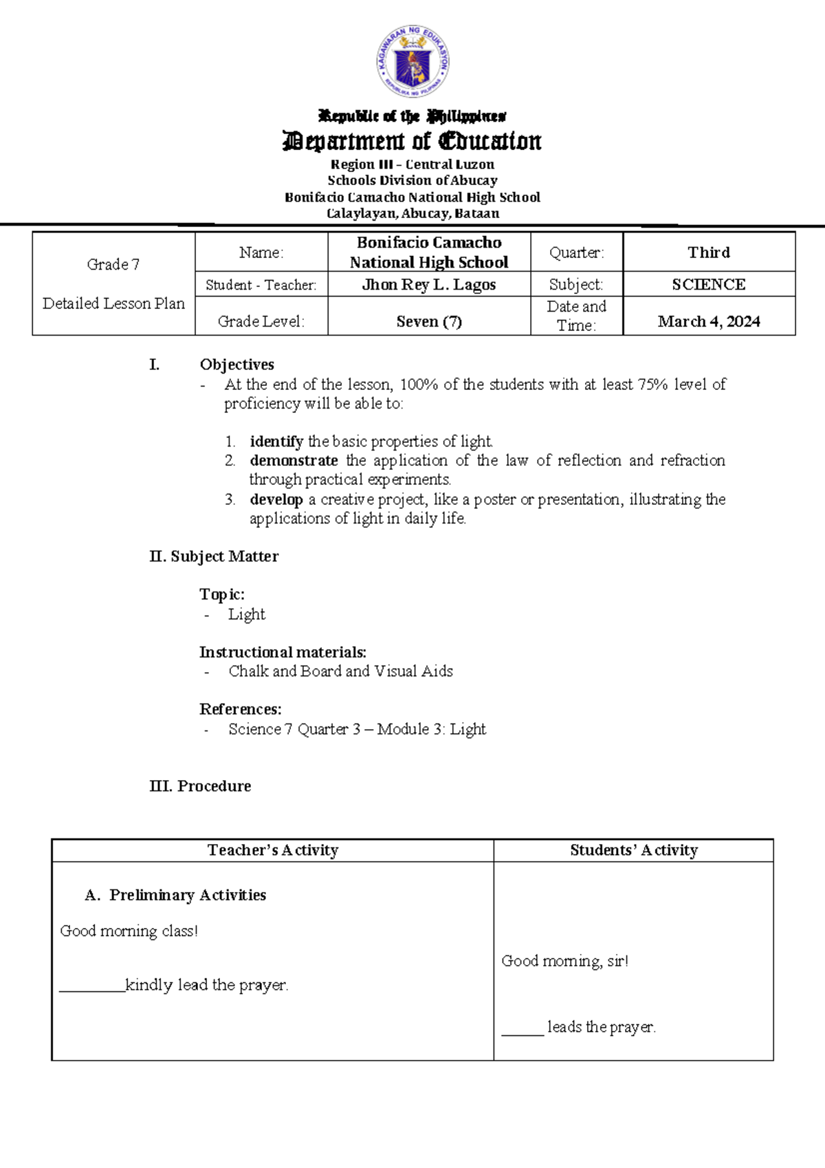 Lagos JHON REY DLP Science 7 Light - Grade 7 Detailed Lesson Plan Name ...