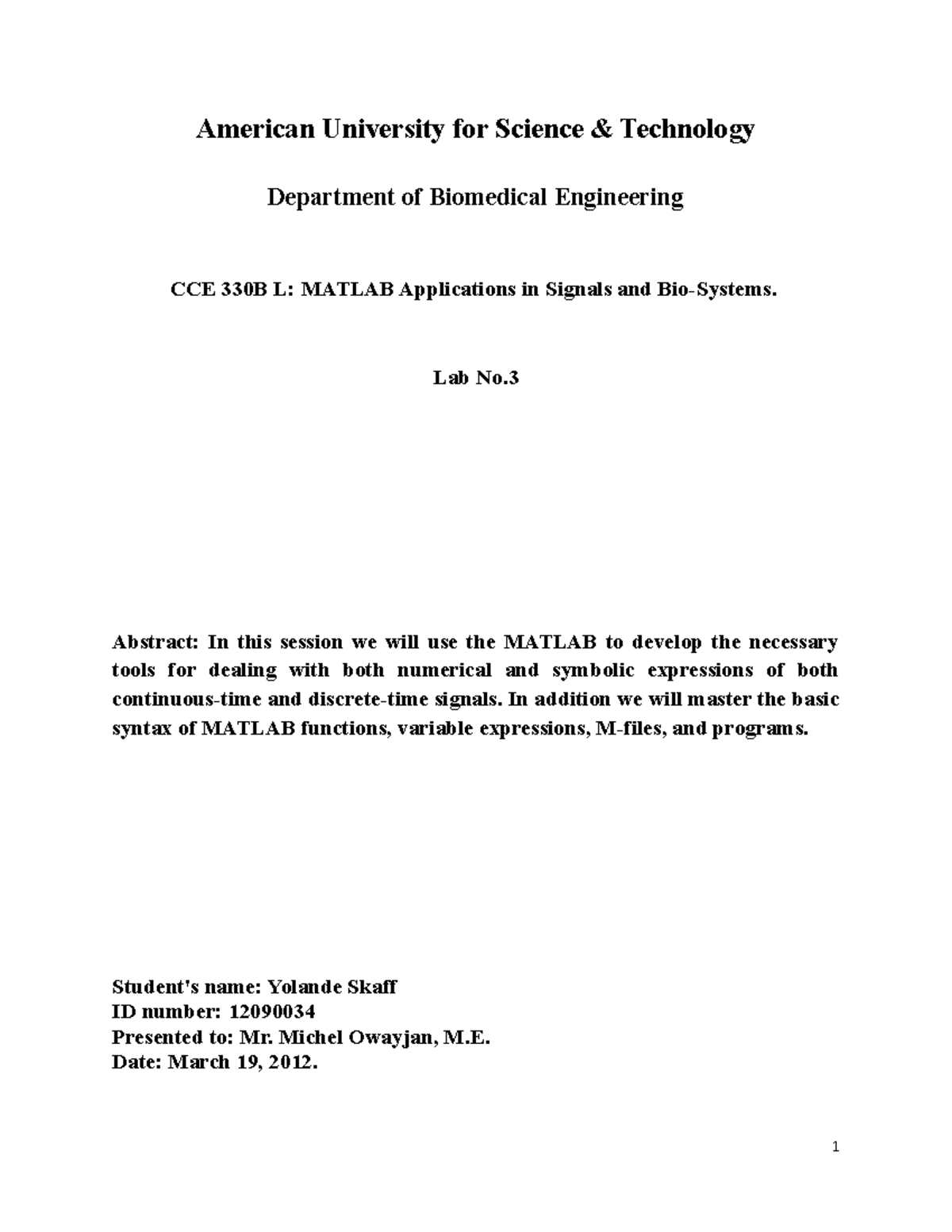 LAB No - matlab solution 3 - American University for Science Technology ...