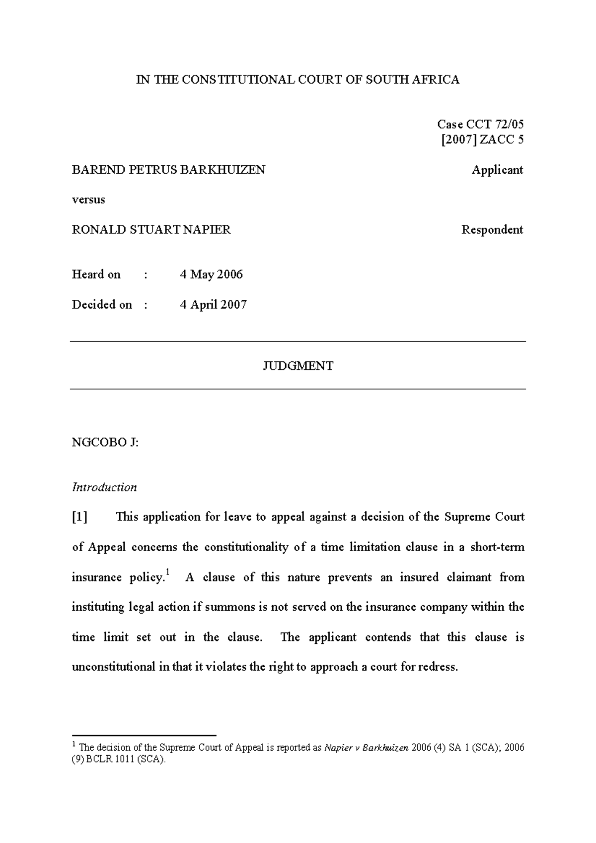 Barkhuizen V Napier - law of contract - IN THE CONSTITUTIONAL COURT OF ...