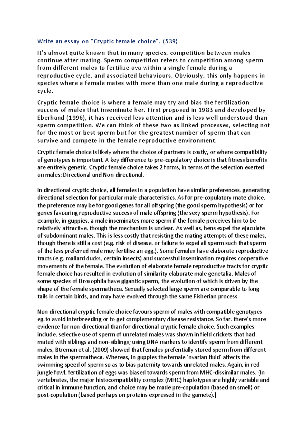 Cryptic female choice - Write an essay on “Cryptic female choice ...