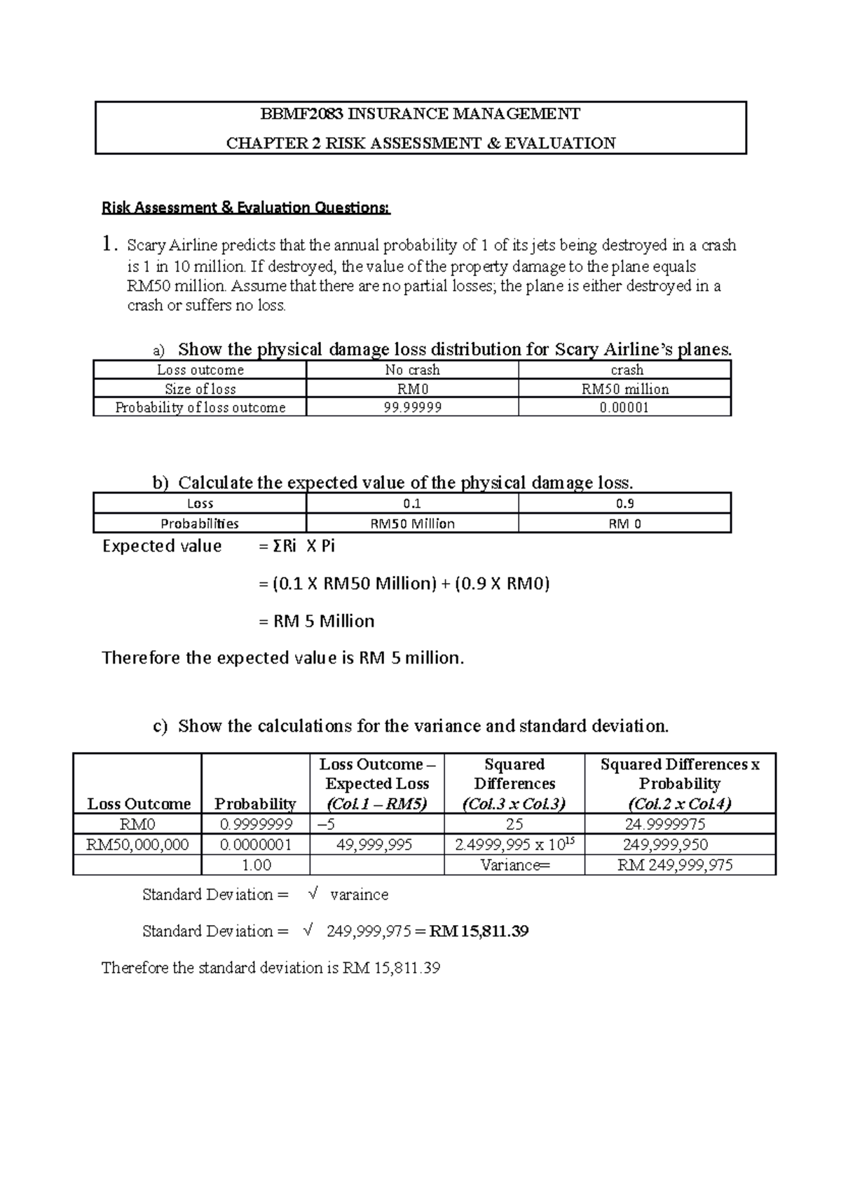 T2 Risk and Evualuation week 4 answer - BBMF2083 INSURANCE MANAGEMENT ...