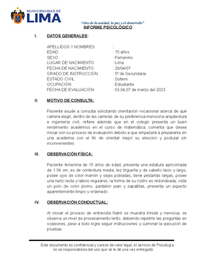 Informe DE ORIENTACIÓN VOCACIONAL - INFORME PSICOLÓGICO I. DATOS GENERALES: APELLIDOS Y NOMBRES ...