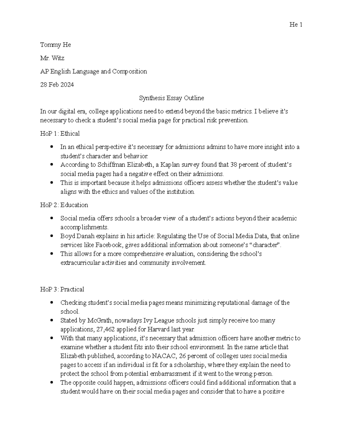 2nd Synthesis Lang - Help with essay - He 1 Tommy He Mr. Witz AP ...