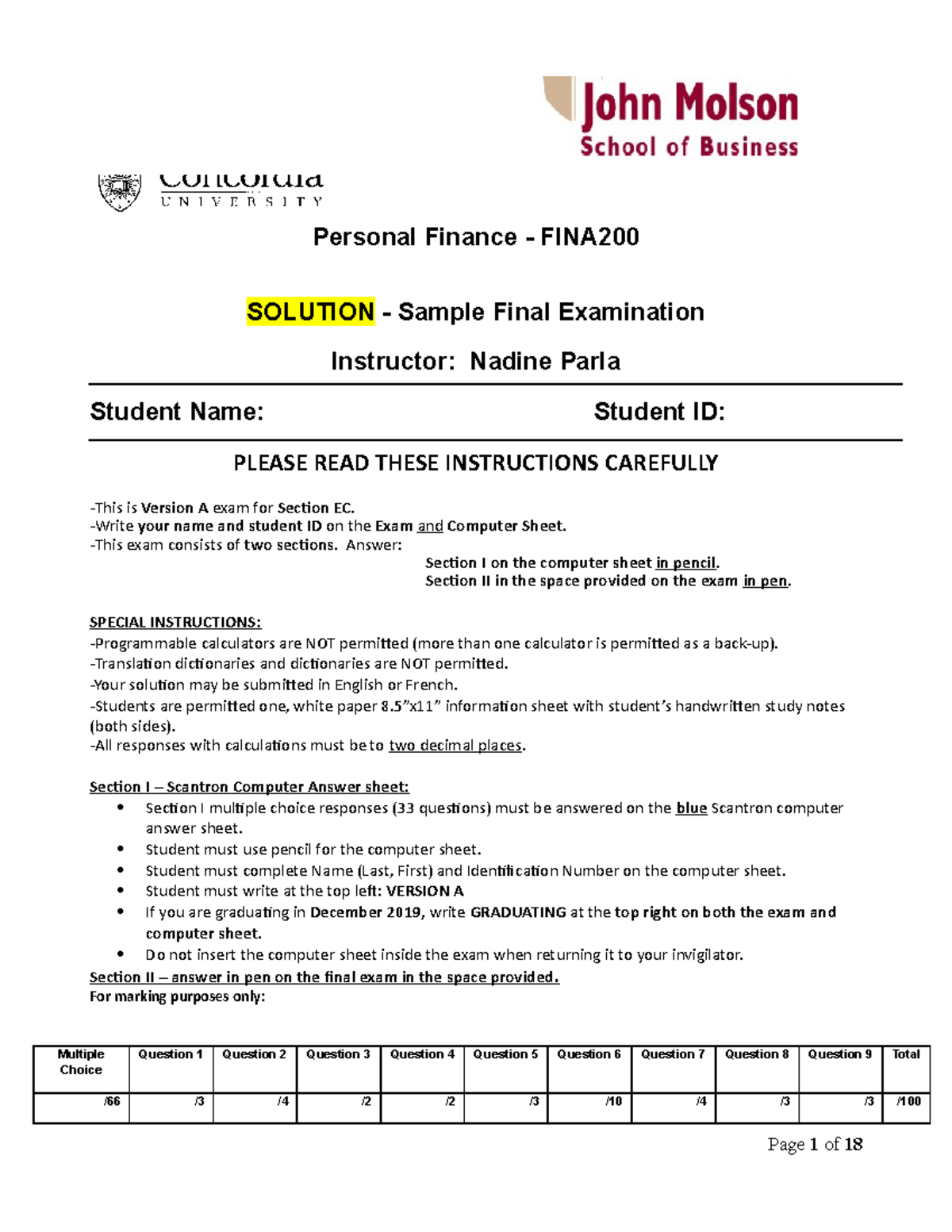 Final Exam Sample Solutions Personal Finance FINA SOLUTION Sample