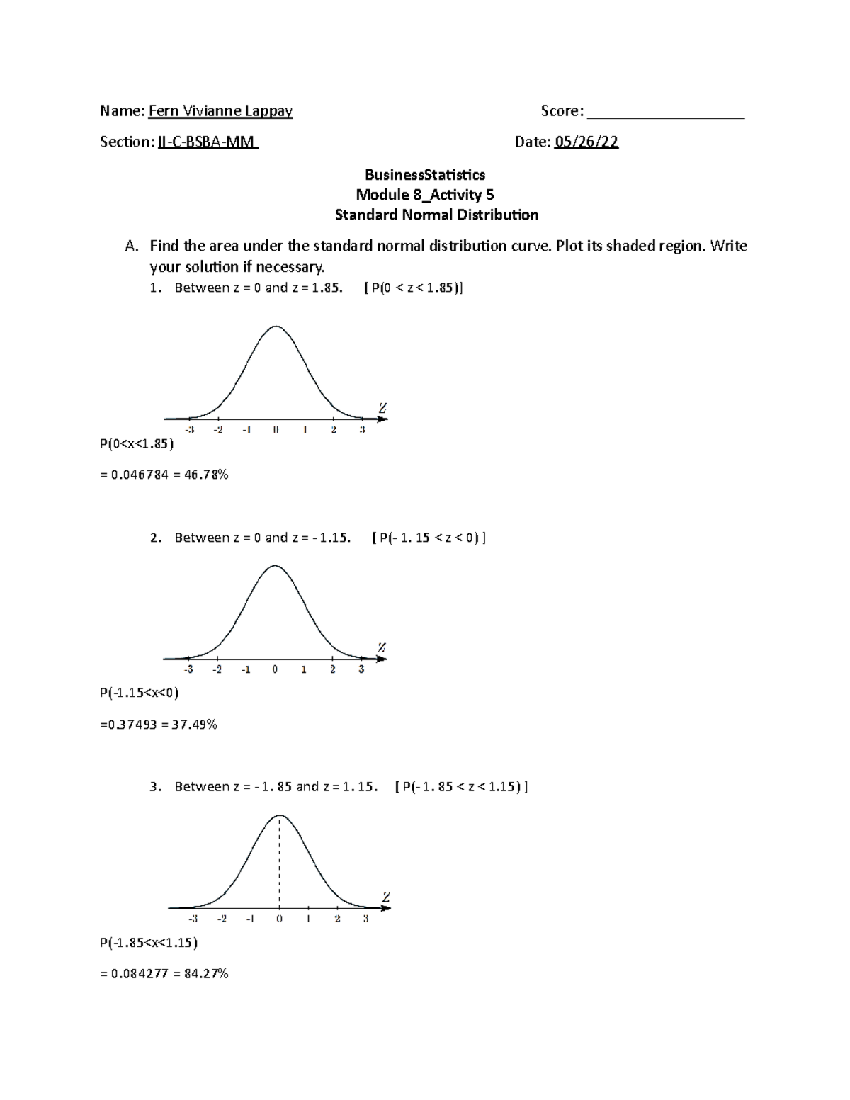 Bu Stat Module 8 Activity 5 Standard Normal Distribution - Name: Fern ...