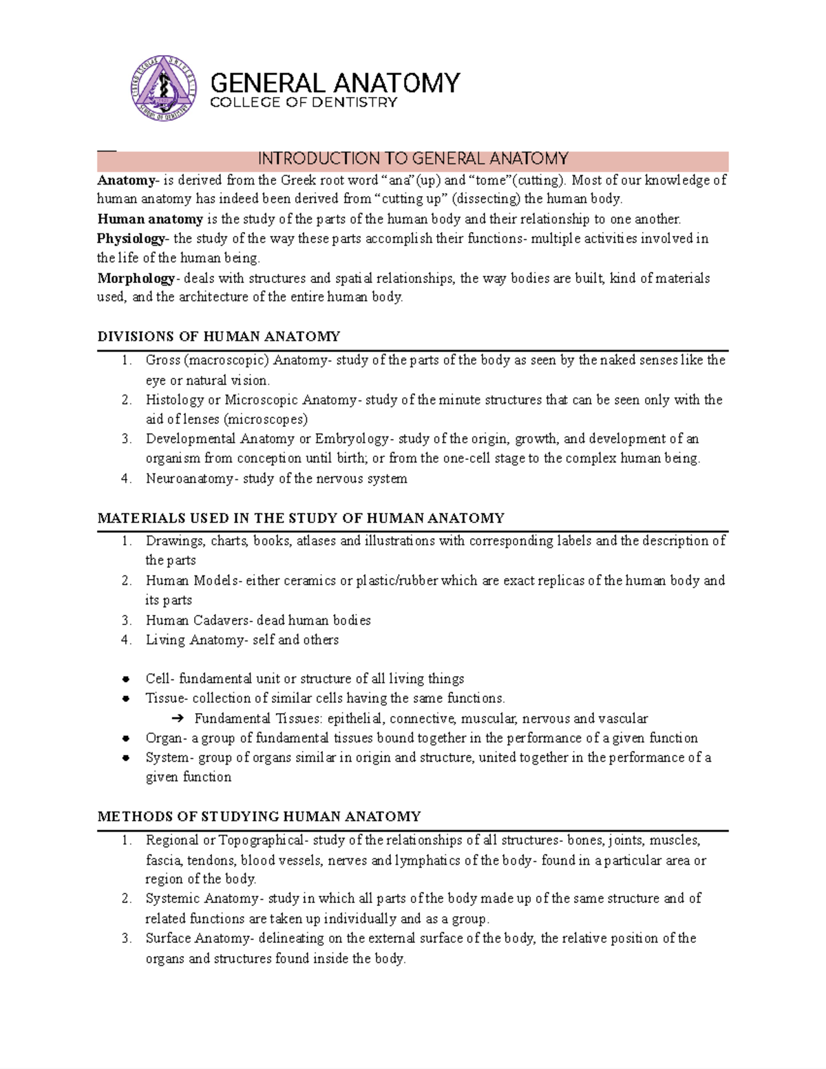 GENERAL ANATOMY TOPICS - COLLEGE OF DENTISTRY INTRODUCTION TO GENERAL ...