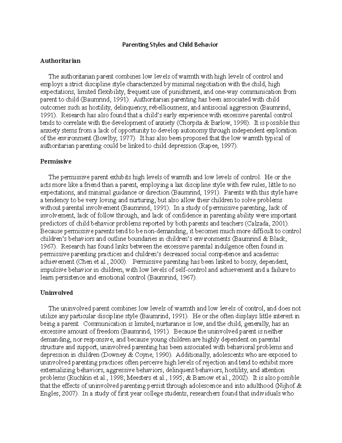 Parenting Styles and Child Behavior - ECE 319 - St. Clair College - Studocu