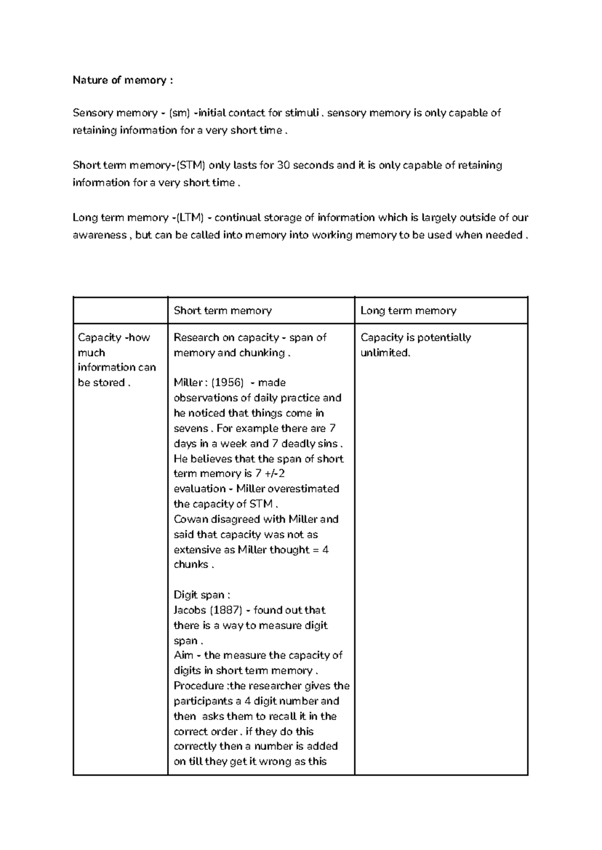 Memory - notes from a levels - Nature of memory : Sensory memory - (sm ...