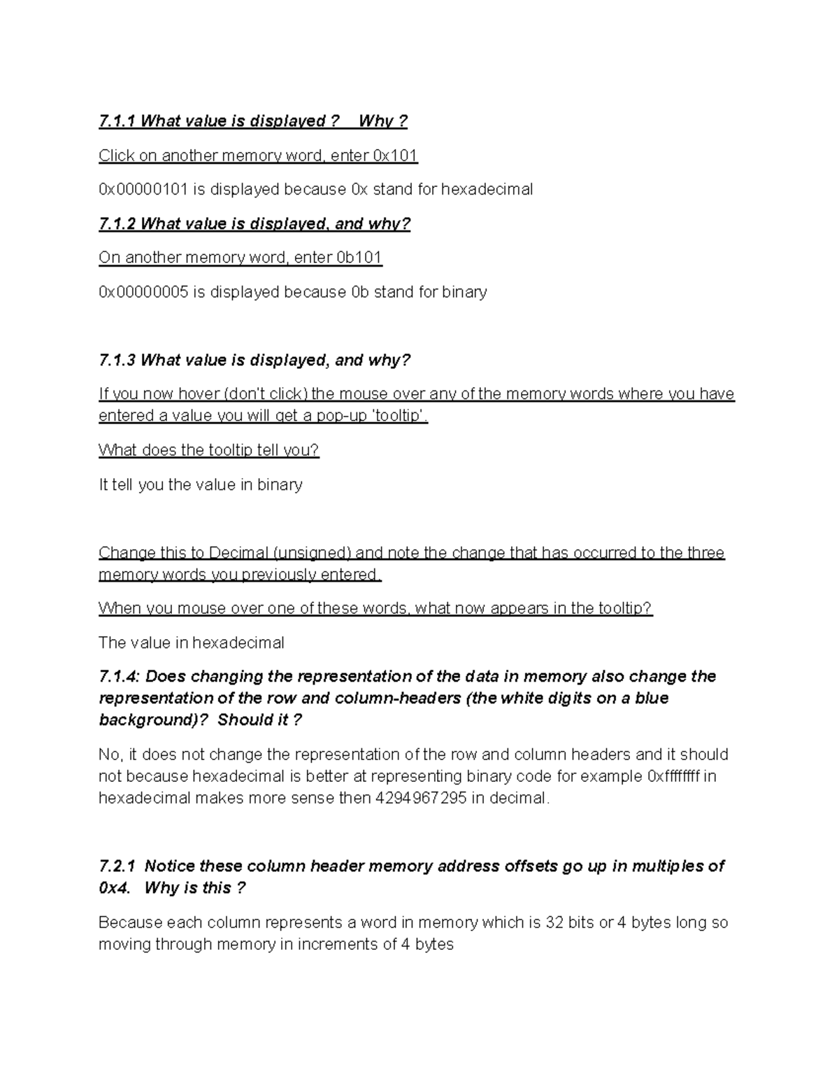 Week 7 Lab Sheet - 7.1 What value is displayed? Why? Click on another memory word, enter 0x ...