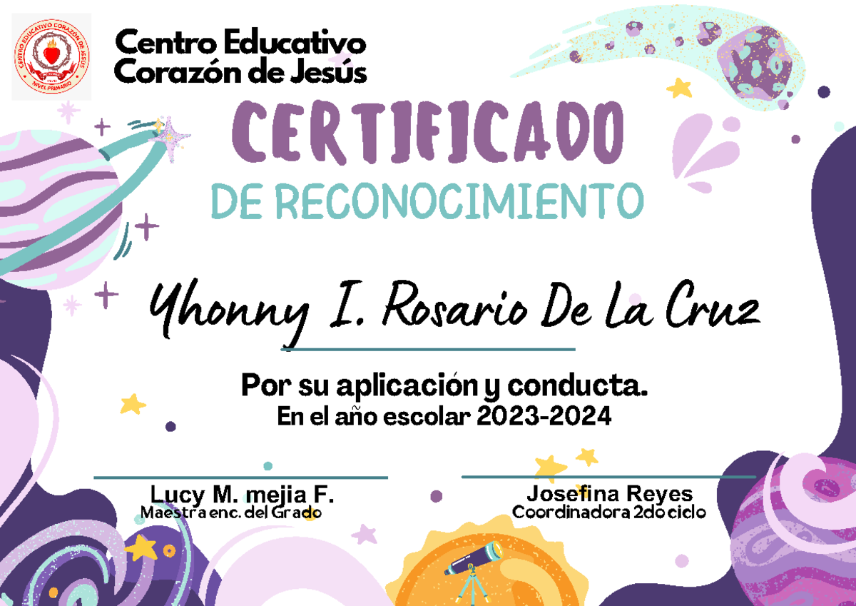 Certificado de Reconocimiento Taller de Astronomía Infantil Morado y ...