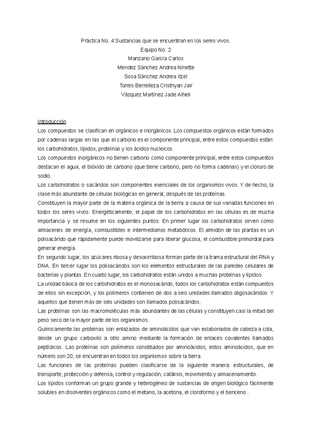 Práctica 4 - Práctica 4 Sustancias que se encuentran en los seres vivos - Práctica No. 4 ...