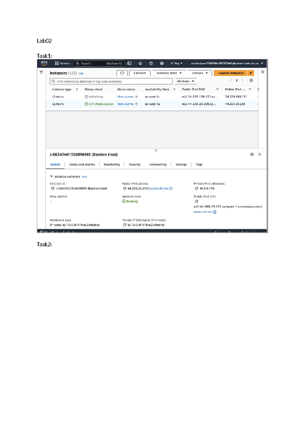 Lab02 week2 - Lab02 Task1: aws Services Q Search N. Virg Instances Info C Connect Instance state ...