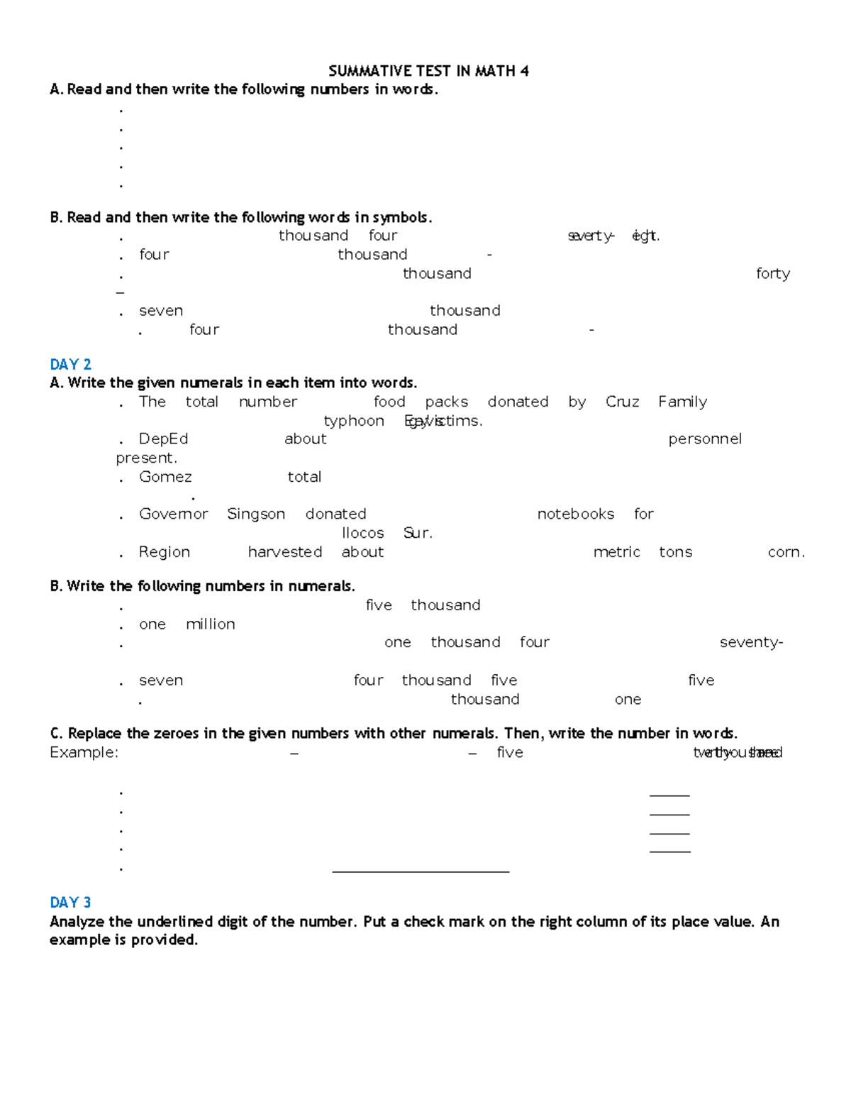 Summative TEST IN MATH 4 9-17-24 - SUMMATIVE TEST IN MATH 4 A. Read and ...