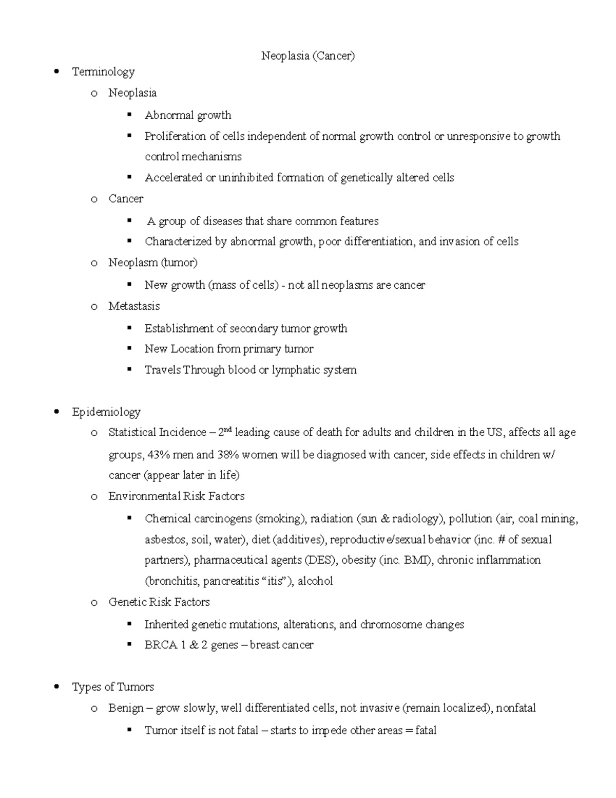 Cancer lecture notes - Neoplasia (Cancer) Terminology o Neoplasia ...