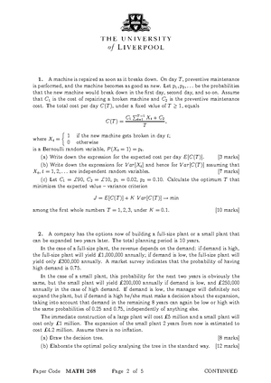 Exam January 2012, questions and answers - MATH 268: Operational ...