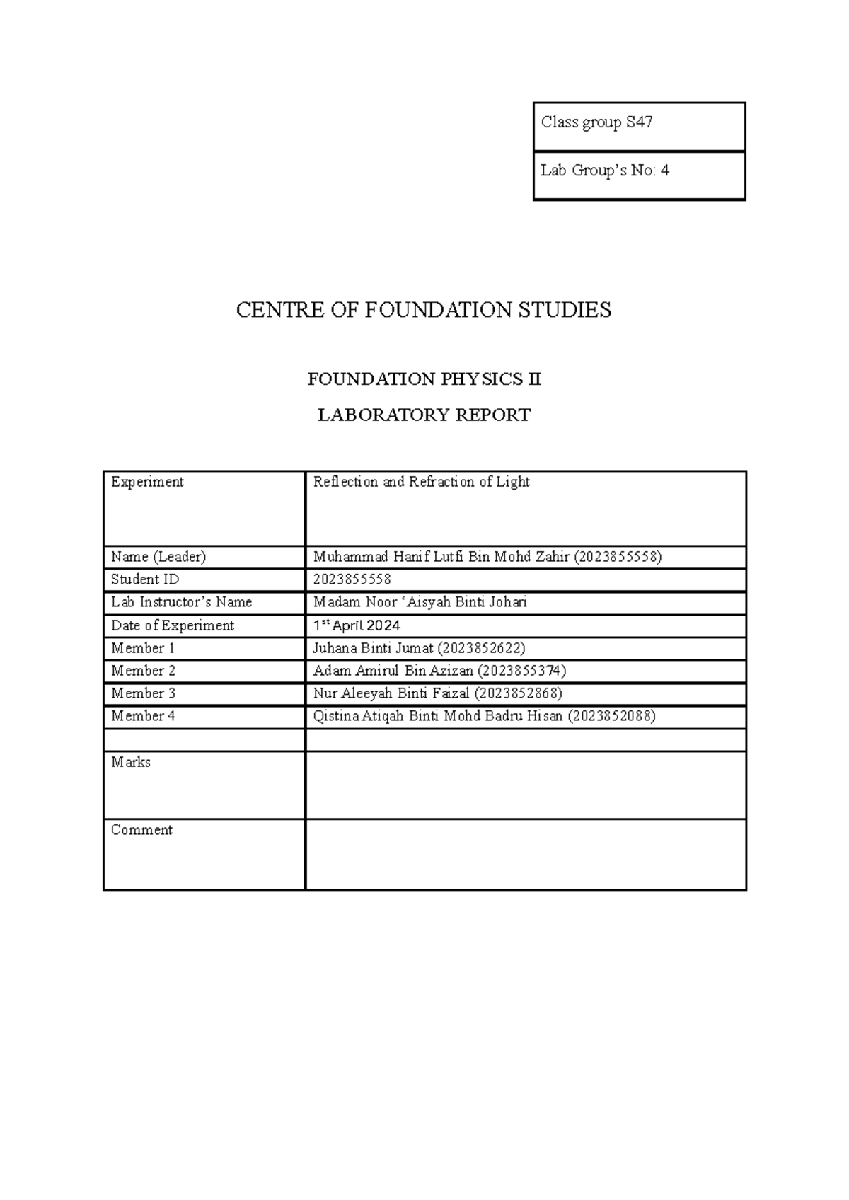 Lab-rep Physic - Class group S Lab Group’s No: 4 CENTRE OF FOUNDATION STUDIES FOUNDATION PHYSICS ...